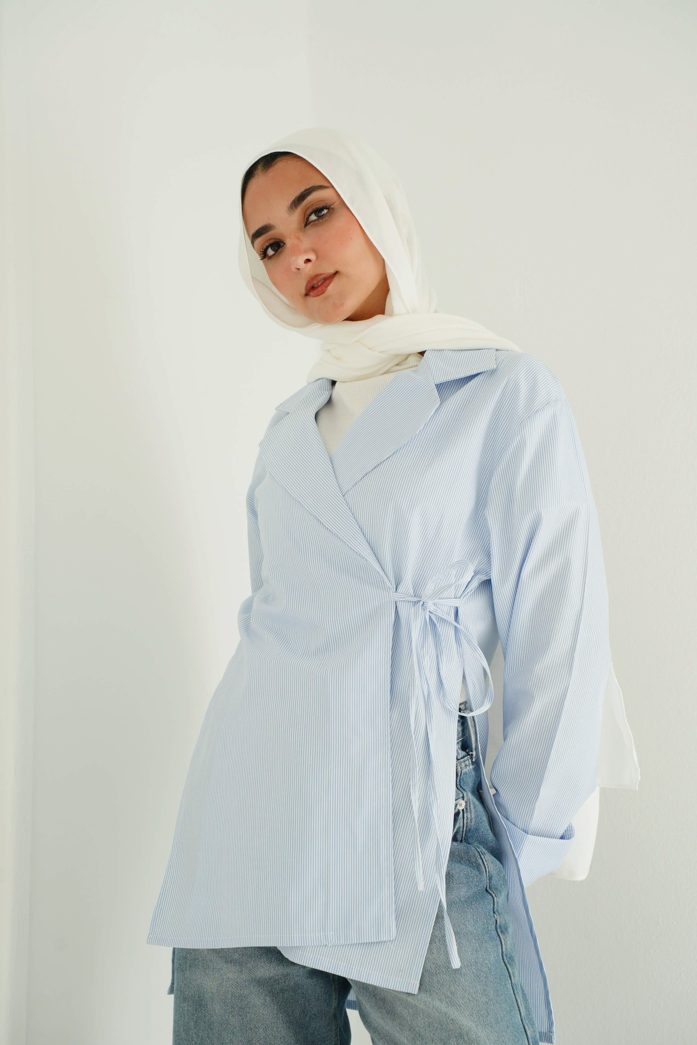 Collared wrap shirt - Striped Blue – Hijabi Picks